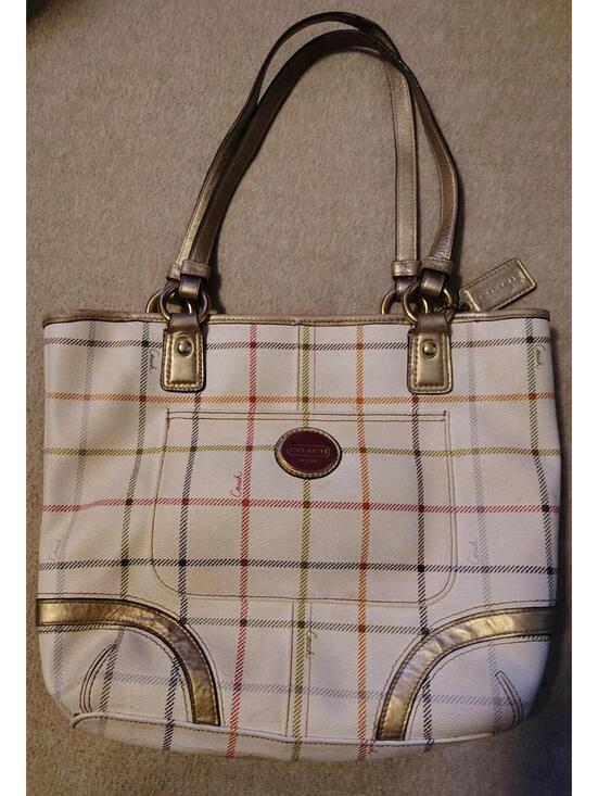 Coach | Bags | Coach White Multi Tattersall Plaid Heritage Bucket Tote ...